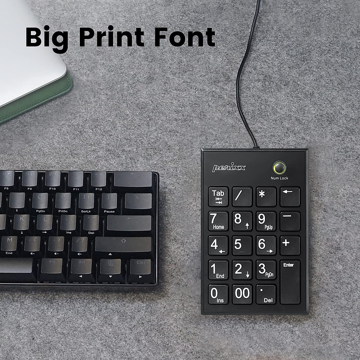 Perixx PPD-202 Wired 19 Keys Slim Numeric Keypad, Big Print Font, Silent Notebook Scissor Key Number Keypad with Tab Key and Num Lock, Black