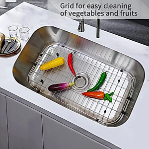 YORZSDI Sink Protectors for Kitchen Sink, 26-1/8" x 14-1/4" Stainless Steel Sink Grid with Center Drain, 304 Stainless Steel Sink Protector with Sink Strainer and Protective Rubber Feet