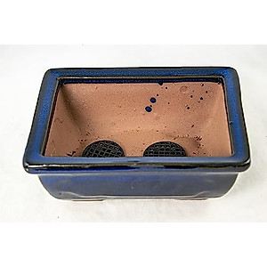 Rectangular Blue Glazed Cactus & Succulent Planter, Bonsai Pot + Mesh + Wire - 6"x 4.5"x 2.25"