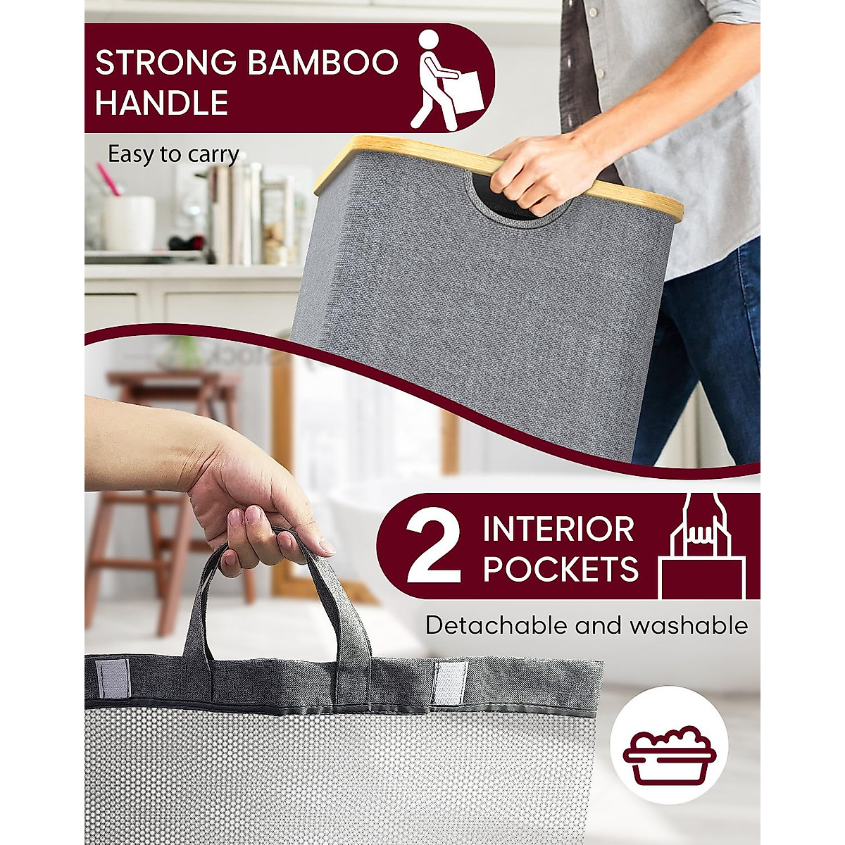 150L Double Laundry Hamper with Lid - CHAMUTY Dirty Clothes Hamper, Collapsible Laundry Baskets, Tall and Slim Design, Perfect for Dorm and Bedroom Use (Grey)
