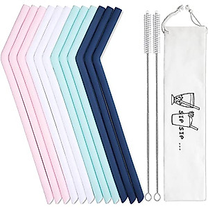 Hiware 12 Pcs Reusable Silicone Drinking Straws with Travel Case - Long Drinking Straws for 30 oz and 20 oz Tumblers, 2 Cleaning Brushes