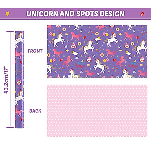WERNNSAI Unicorn Reversible Wrapping Paper Roll - 1 Roll 17” x 33 ft Happy Birthday Wrapping Paper Roll Kids Unicorn Birthday Gift Wrap Roll Girls Wrapping Paper Polka Dot Design Unicorn Party Favor