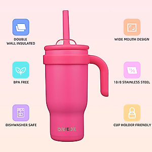 BJPKPK 18 OZ Insulated Travel Tumbler with Handle and Straw, Stainless Steel Water Bottle, Double Wall Vacuum Insulated Mug, for Work, Car, Travel, Rose Red