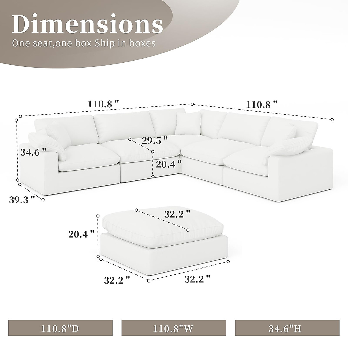 Gtilzria Oversized Modular Sectional Sofa Couch,White Linen Fabric Reversible V Shaped Sofa Couches Cloud Couch with Ottoman, Down Filled Sectional Sofa Corner Couches for Living Room,Apartment