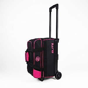 Elite Basic Double Roller 2 Ball Bowling Bag with Wheels | Large Top Pocket for Accessories or Bowling Shoes up to size 15 | Retractable Handle Extends to 37" (Pink)