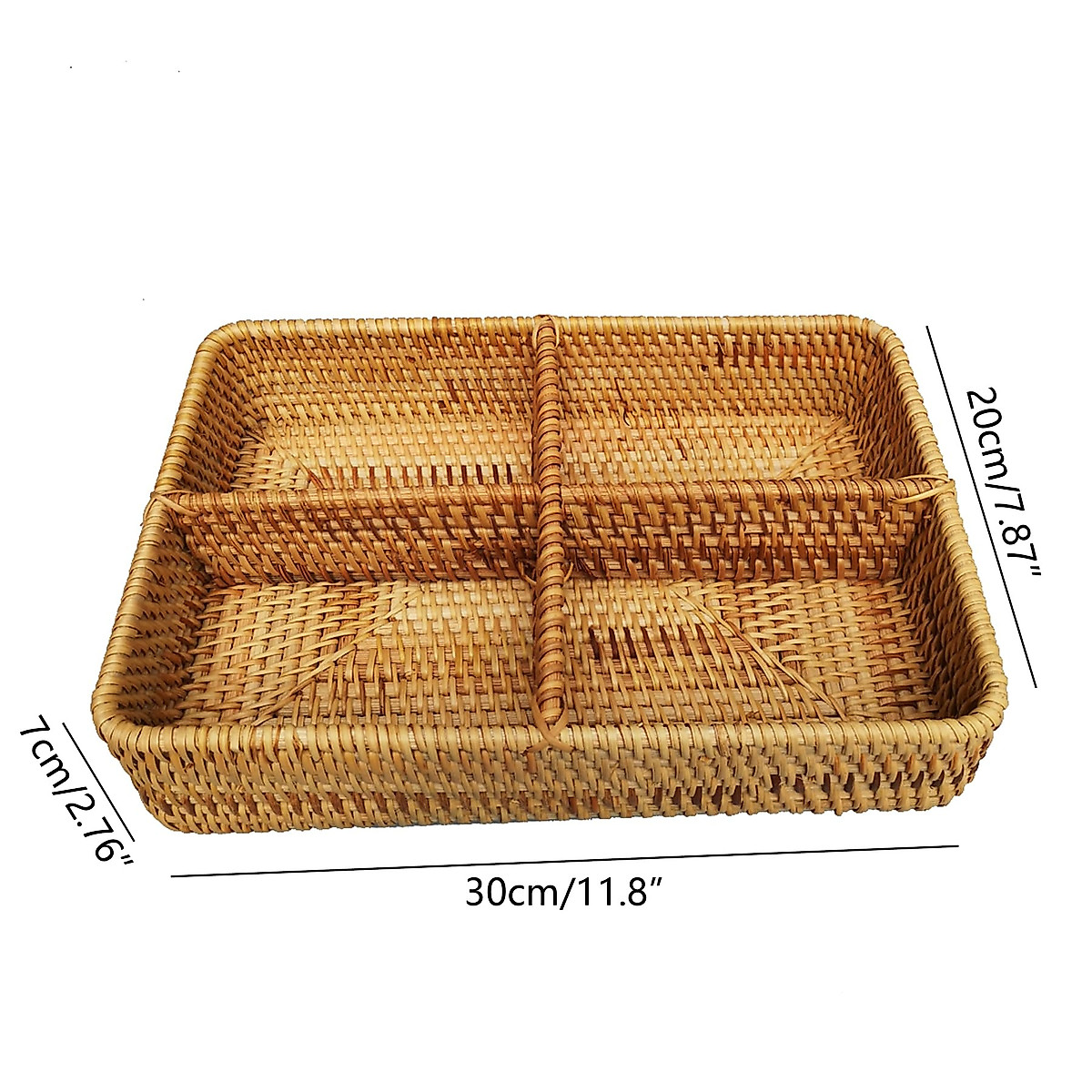 i-lan 4 Compartments Rectangular Rattan Basket, 12 Inch Divided Basket Tray with 3” Deep Wall, Decorative Flat Wicker Serving Basket for Fruit, Snacks, Catch All Dish, Brown
