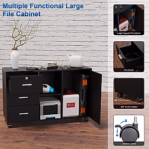 ZIAERKOR Mobile File Cabinet with Lock, Lateral File Cabinets with 3 Drawer Office Filing Cabinet Home Office Organization and storageCabinet Printer Stand with Open Storage for Home Office, Black
