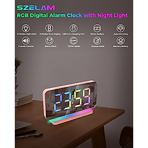 SZELAM Alarm Clock for Bedroom,7.4" Mirror Digital Clocks Large Display,with RGB Night Light, USB C Charger Port,Auto Dimming,LED Desk Clock for Kid Teen Girl Adults Room - Pink