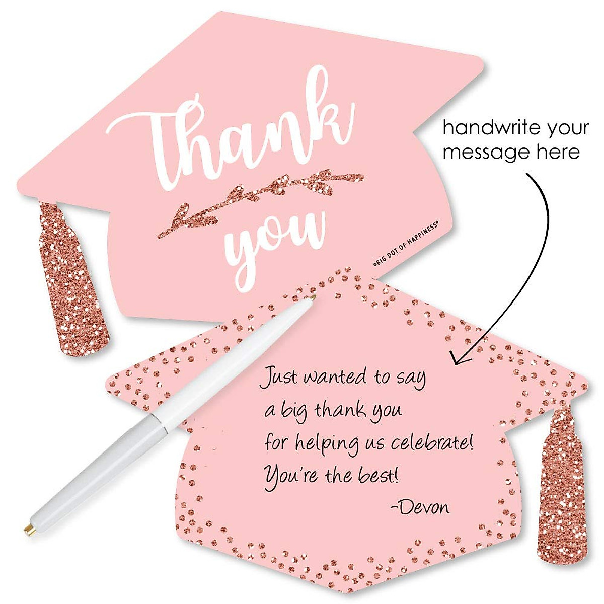 Big Dot of Happiness Rose Gold Grad - Shaped Thank You Cards - Graduation Party Thank You Note Cards with Envelopes - Set of 12