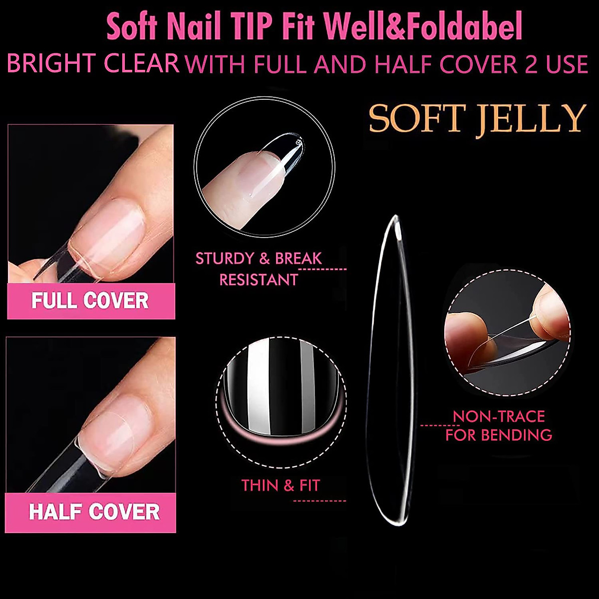 UNA GELLA Round Almond Fake Nails Clear Medium 216 pcs Oval Nail Tips Almond Oval Press on Nails for Full Cover Acrylic Almond Oval Nails French False Nails 12 Sizes False Soft Gel Tips