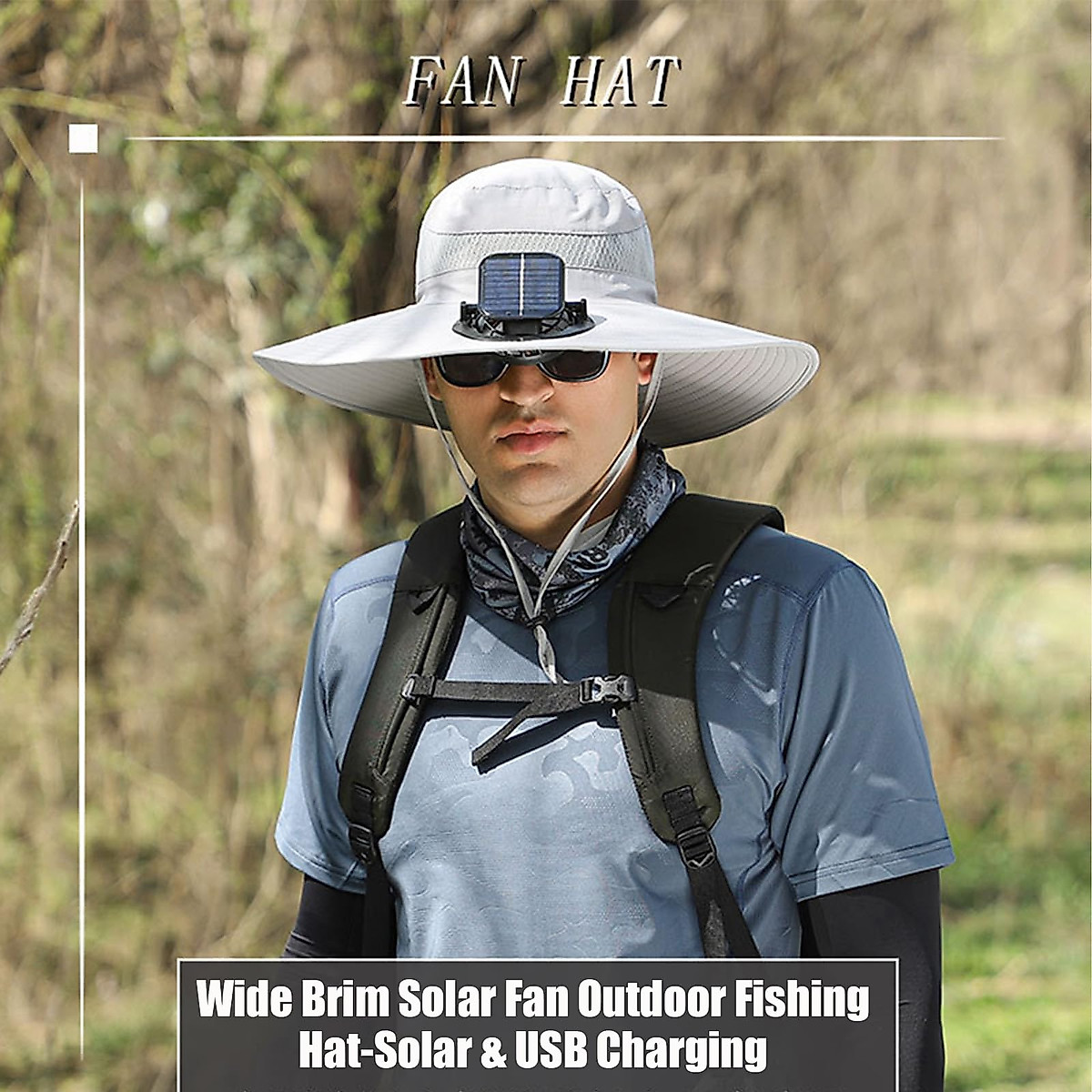 Outdoor Wide Brim Sun Hat with Solar Fan, Wide Brim Solar Fan Outdoor Fishing Hat-Solar & USB Charging (Double Fan Model-G,One Size)