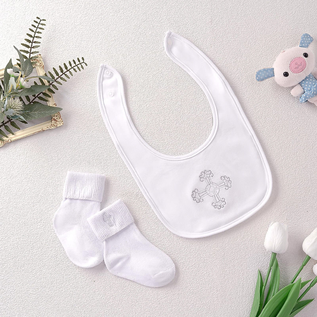 Booulfi Baby Boy's Christening Baptism Outfits Embroidered Cross White Bib and Socks Set 2 PCS