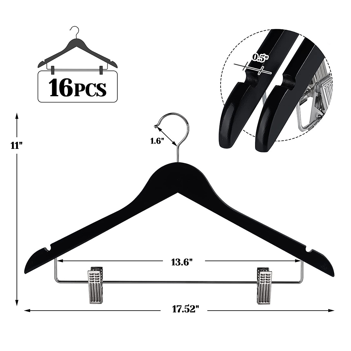 HOUÍSM Wooden Suit Hangers Skirt Hangers with Clips, 16Pack Solid Wood Pants Hangers with Heavy-Duty Clips, Premium Smooth Finish Black Wooden Hangers for Clothes Coat, Jeans, Blouse