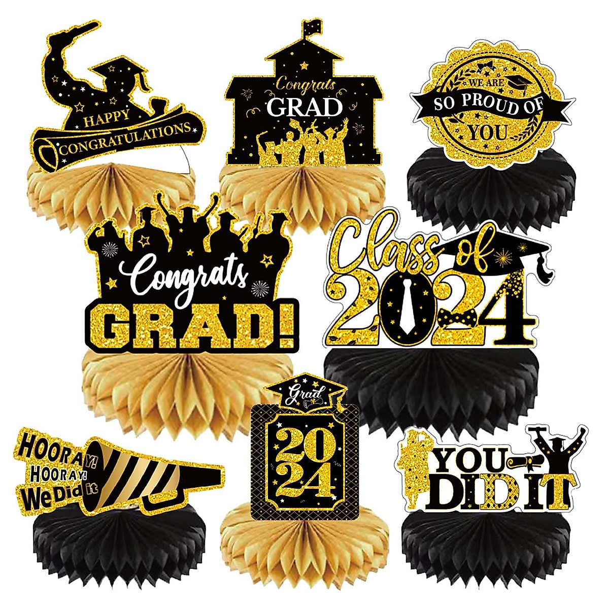 2024 Graduation Party Decorations - Black Gold Class of 2024 Graduation Party Decor Honeycomb Centerpieces for Tables Congratulate for 2024 Congrats Grad Party Supplies 8 Pcs
