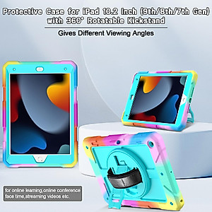 LTROP Case for iPad 9th/ 8th/ 7th Generation (2021/2020/2019), Shockproof 10.2” iPad Cover with Shoulder Strap Pen Holder Swivel Stand, Aqua Teal