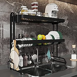 Over Sink Dish Drying Rack, Trustmade 3 Tier Full Stainless Steel Large Storage Adjustable Dish Rack (23.5''-36.6''), Expandable Kitchen Dish Drainer Shelf Rack with Hooks, Utensil Holder(Matte Black)
