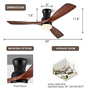 BOOSANT 60" Flush Mount Ceiling Fan with Lights, 60 Inch Ceiling Fans with Remote Control, Low Profile Ceiling Fan for Outdoor Patios, Hugger Ceiling Fan, Quiet Reversible DC Motor (Dark Walnut)