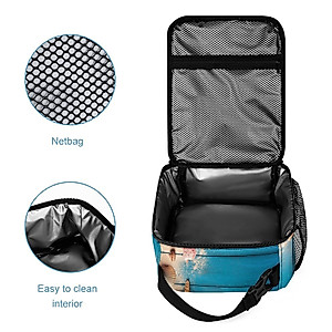 MINBHEBYUD Blue Wooden Board Starfish Shells Lunch Bag for Men Women, Insulated Lunch Bags for Office Work, Reusable Portable Lunch Box