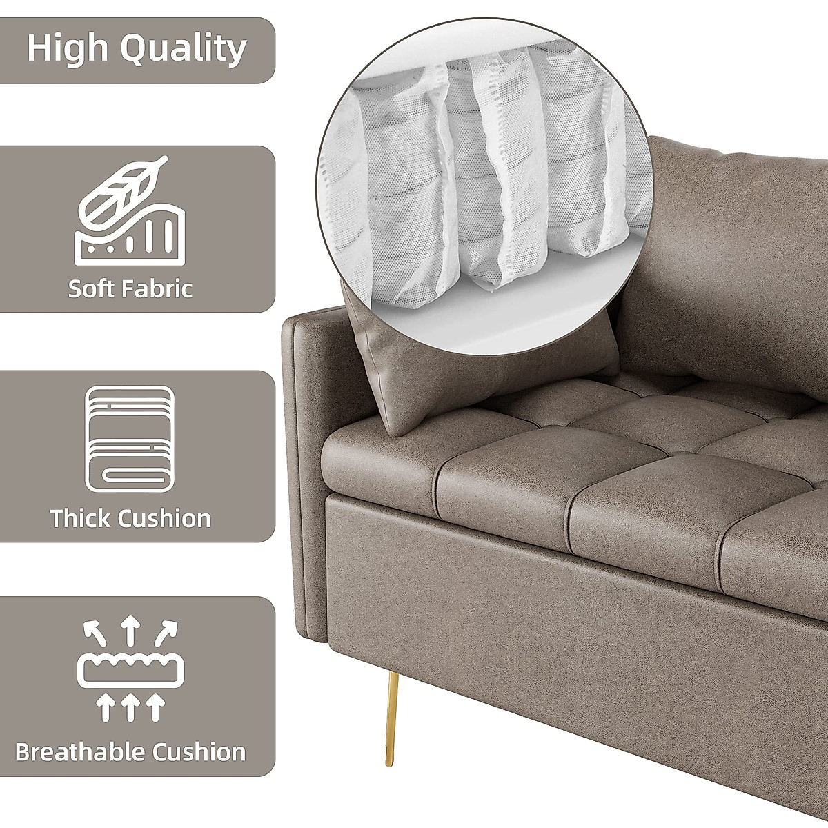 Assile Faux Leather Love Seats Couch, Modern Design with Button Tufted and Gold Metal Leg, Lift-Up Storage Box, Thickened Cushion Sofa in Dark Brown