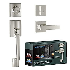 TICONN Front Door Handle Set, Heavy Duty Square Door Lever & Single Cylinder Deadbolt Combo Reversible for Entrance Exterior Doors (Satin Nickel)