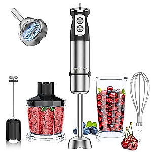 Immersion Blender 800W, 5 in 1 Hand Blender, 24 Speed and Turbo Mode Immersion Blender Handheld, Stick Blender Stainless Steel Blade with Mixing Beaker, Chopper, Whisk and Milk Frother