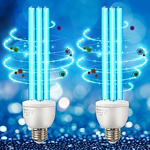 Qualirey 2 Pack UV Germicidal Light Bulb with Ozone, 25 Watt Replacement UVC Lamp E27 110V, UV Disinfection Light Bulb for Basement Bedroom Kitchen to Kill Germs, Bacteria, Kill Mites