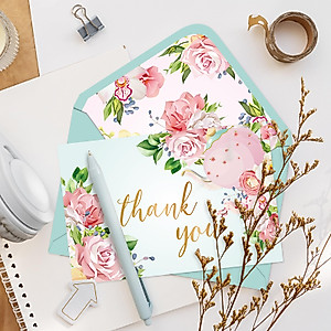 Whaline 36Pcs Floral Thank You Cards with Envelopes and Stickers Tea Party Greeting Cards Flower Teapot Blank Note Cards for Tea Party Weddings Bridal Shower