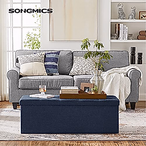 SONGMICS 43 Inches Folding Storage Ottoman Bench, Storage Chest, Foot Rest Stool, Bedroom Bench with Storage, Dark Blue ULSF77IN