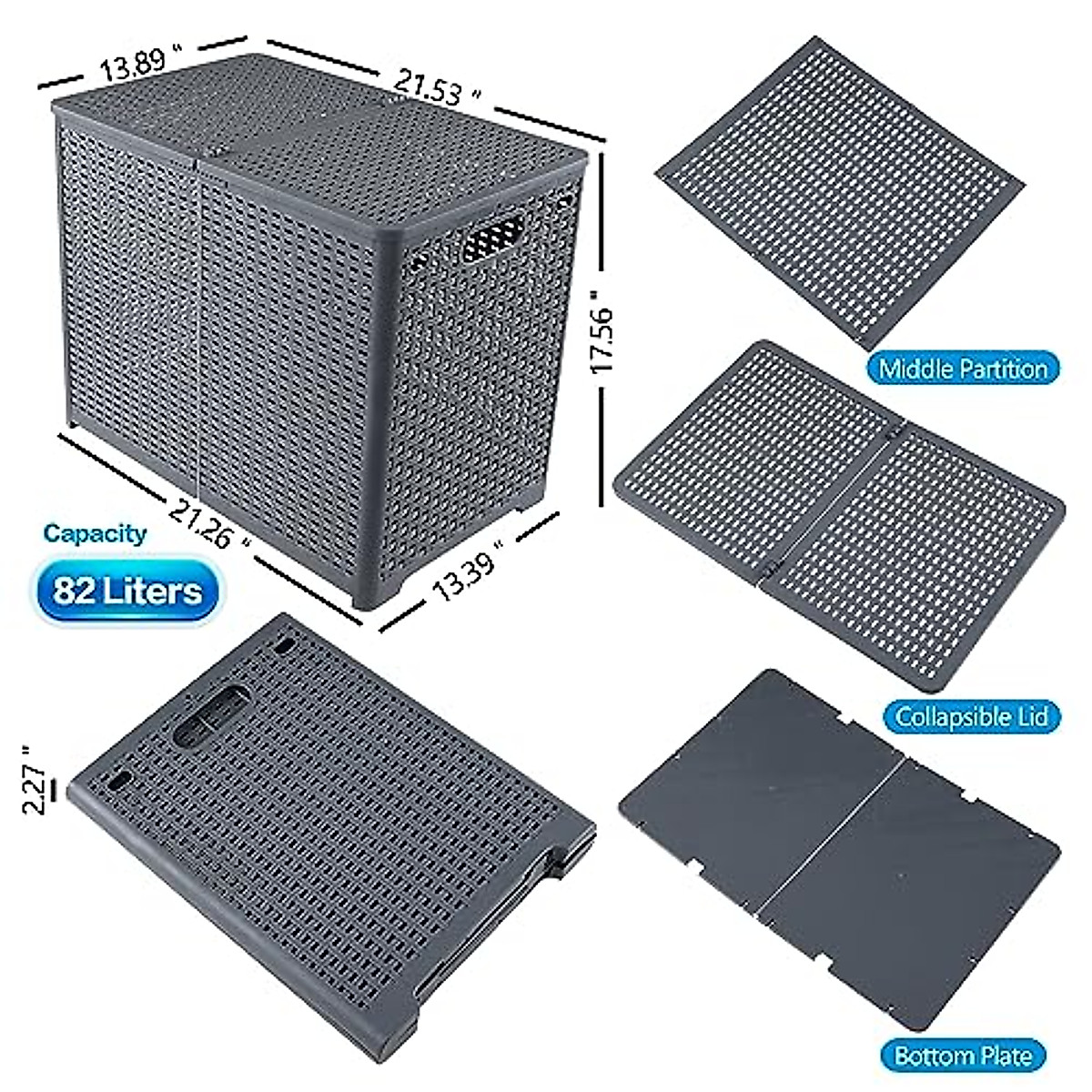 Doryh 82 L Plastic Collapsible Laundry Basket, 2 Packs, Folding Laundry Hamper with Lid