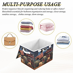 YMGQYJ American Monster Truck Storage Cube with Lid Collapsible, Large Capacity Foldable Storage Basket Bin Organizer 16.5×12.6×11.8 inches