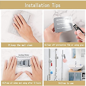 HUOWUSS Broom Mop Holder, 3PCS Sturdy Broom Holder Wall Mount, 304 Metal Stainless Steel Broom Holder and Storage, Utility Storage Rack Heavy Duty Tools Hanger for Home Office Closet & Garden