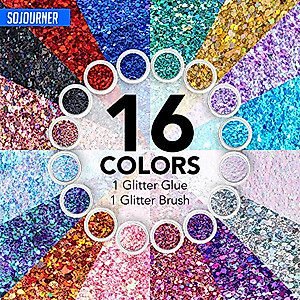 Chunky Holographic Body Glitter I 16 Colors + Glitter Glue for Face Glitter Makeup, Hair, Eye & Fine Glitter Eyeshadow - Perfect for Halloween, Slime, Resin, Tumblers, Craft, Cosmetic & Nail Art
