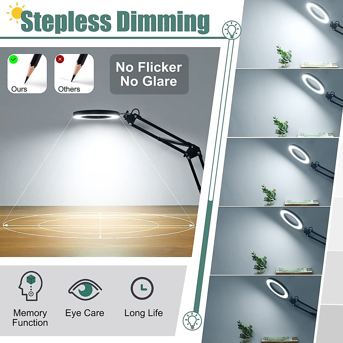 Krstlv 8X Magnifying Glass with Light, Real Glass Lens Desk Lamp & Clamp, 3 Color Modes Stepless Dimmable, Hands Free LED Lighted Magnifier with Light and Stand for Reading Crafts Repair Close Works