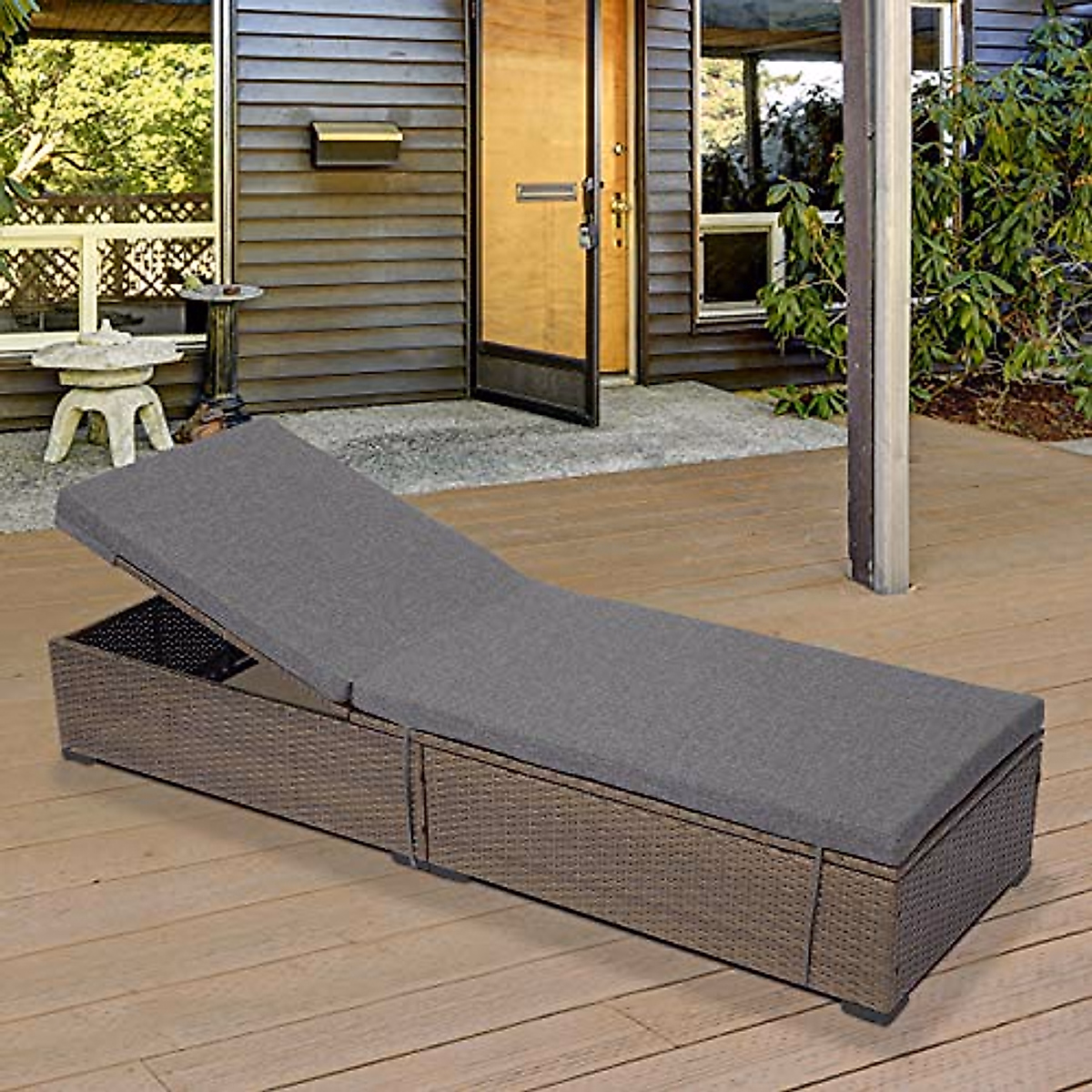 Kinsunny Outdoor PE Wicker Lounge Chair Patio Reclining Chair Furniture Set Beach Pool Adjustable Backrest Recliners with Dark Grey Cushions