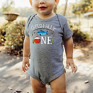 Olive Loves Apple O-Fish-Ally- ONE Boys 1st Birthday Bodysuit for Baby Boys Fishing First Birthday Outfit Granite Heather Bodysuit