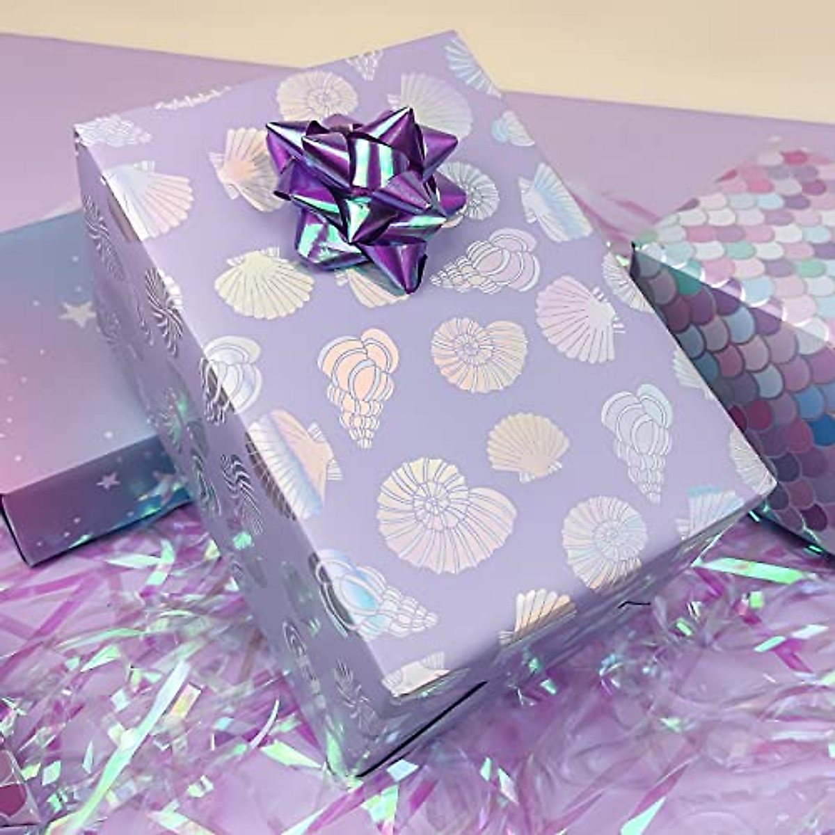 LDGOOAEL Mini Short Small Wrapping Paper Roll with Cut Lines on Reverse (17" X 120" Per Roll) - Purple Mermaid Scales/Galaxy with Glitter Metallic Foil Shine for Birthday, Wedding, Baby Shower,Bridal Showers