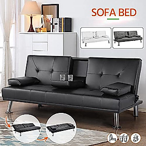 Yaheetech Convertible Sofa Bed Adjustable Couch Sleeper Modern Faux Leather Home Recliner Reversible Loveseat Folding Daybed Guest Bed, Removable Armrests，Cup Holders, 3 Angles, 772lb Capacity, Black