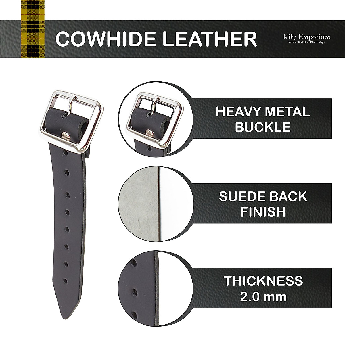 Kilt Emporium: Genuine Leather Kilt Extension Straps Buckle Extenders - 7" x 1.25" Belt Extender for Men - Customizable Fit & Heavy-Duty Metal Buckle Extender - Set of 3, Black