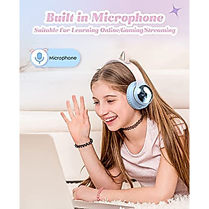 Bluetooth Headphones for Kids, Kid Odessey Cat Ears Wireless Kids Headphones, Bluetooth 5.3, 50H Playtime, 84/94dB Volume Limited, Colorful LED Lights, Built-in Mic Over-Ear Headsets for iPad/Tablet
