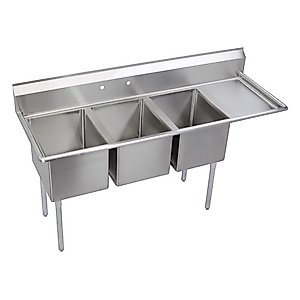Elkay Foodservice 3 Compartment Sink, 54.5"X25.75" OA, 36" Working Height, 16X20 Bowl, 14 Deep, 9.75" Backsplash, Right 18" Drainboards, 8" On Center Faucet Hole, Galvinized Legs, Adjustable Feet, 16 Gauge 300 Series Stainless Steel, NSF Certified