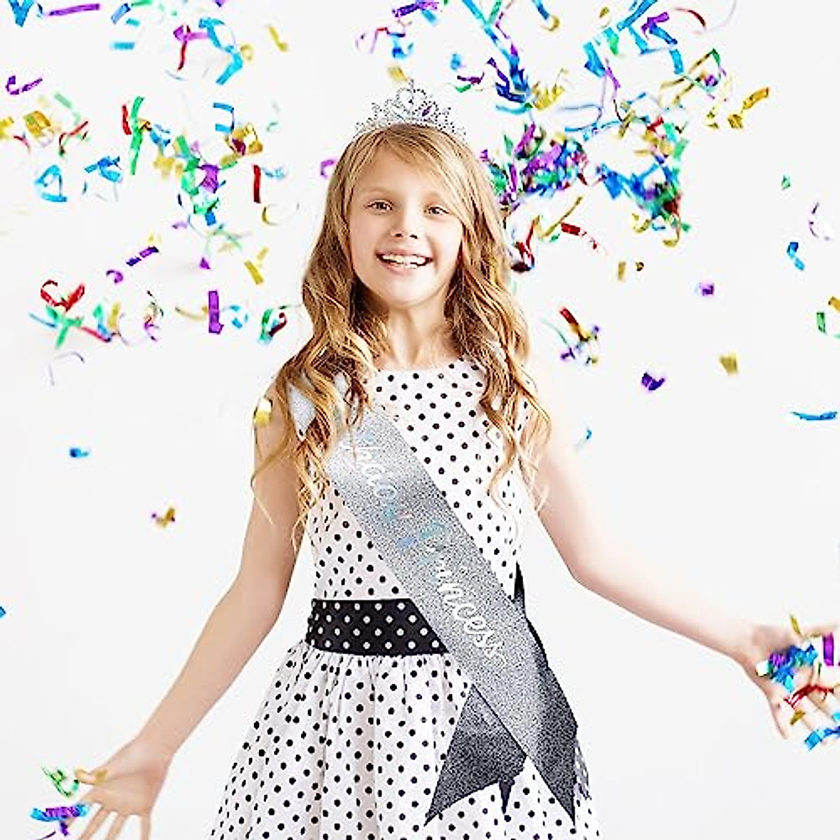 KICOSY Silver Birthday Crowns for Women Birthday Princess Sash & Crystal Tiara Set Princess Tiara for Girls Princess Crown Birthday Tiara Girls Crystal Headband Glitter Sash Kit for Birthday Party