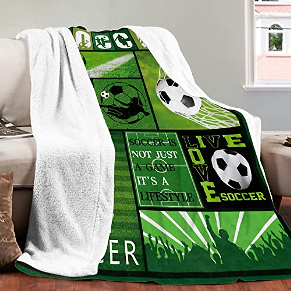Soccer Throw Blankets Kids Throw Blankets Soccer Soft Flannel Soccer Ball Blanket Green Cozy Fluffy Fuzzy Soccer Lover Gift Blankets for Toddler Boy Men Soccer Team Player Birthday Sofa 40x50 Inch