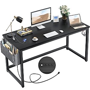 Foxemart 47 Inch Computer Desk with Magic Power Outlets and USB Charging Ports, Sturdy Modern Office Desks with Storage Bag and Hook, PC Laptop Study Writing Table, Simple Gaming Desk, Black