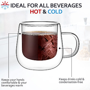 Sunnyray 8 Pack Double Walled Glass Coffee Mugs 10oz Insulated Cappuccino Glasses Mugs with Handle Clear Glass Coffee Cups Bistro Travel Camping for Tea Latte Beverage Shots Glasses Heat Resistant