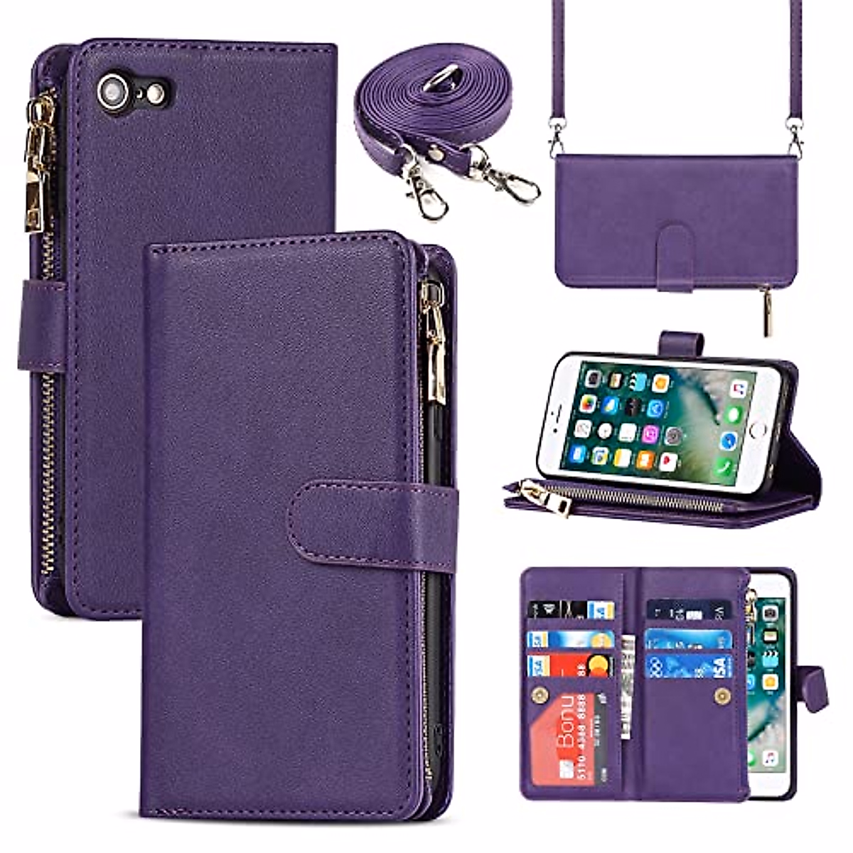 Jaorty iPhone SE 2022/SE 2020/iPhone 8/iPhone 7 Phone Case Wallet for Women Men with Card Holder,iPhone SE 2022 Crossbody Case with Strap Shoulder Lanyard,Zipper Pocket PU Leather Cases,4.7" Purple