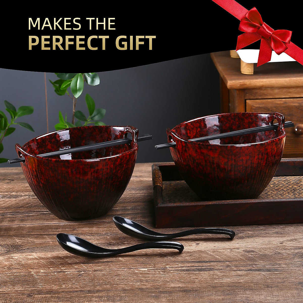JH JIEMEI HOME Ramen Bowl with Chopsticks and Spoons, Ceramic Set of 2, Dishwasher Safe for Pho Udon Soba Noodle Salad Pasta, Special Reactive Glazed Crimson Bowls Set