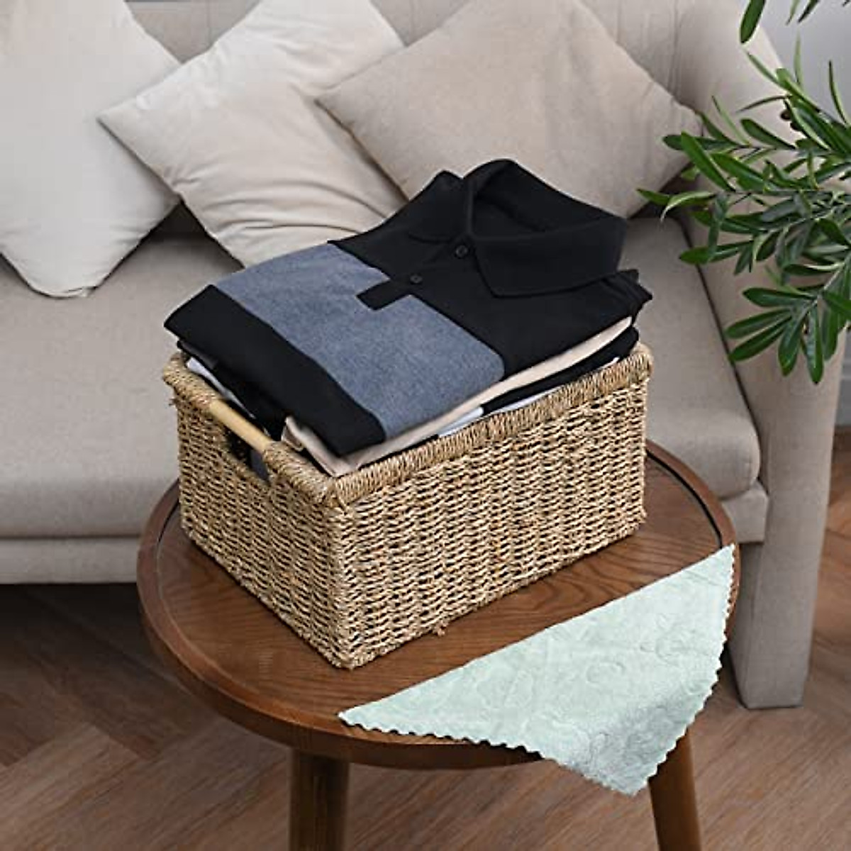 Teri Tale Seagrass Storage Baskets with Wooden Handles, Rectangular Wicker Baskets for Organizing - Decorative Wicker Storage Basket for Living Room (Large)