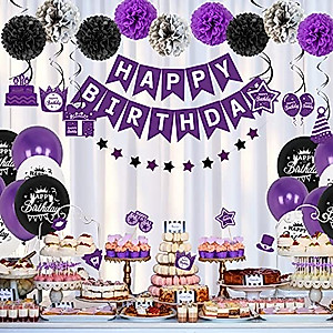 Birthday Decorations Purple for Girls and Women, Happy Birthday Party Decoration Balloons Banner Latex Balloon Supplies Tissue Paper Pom Pom Star Garland Hanging Swirls Birthday Decor for 13th 16th