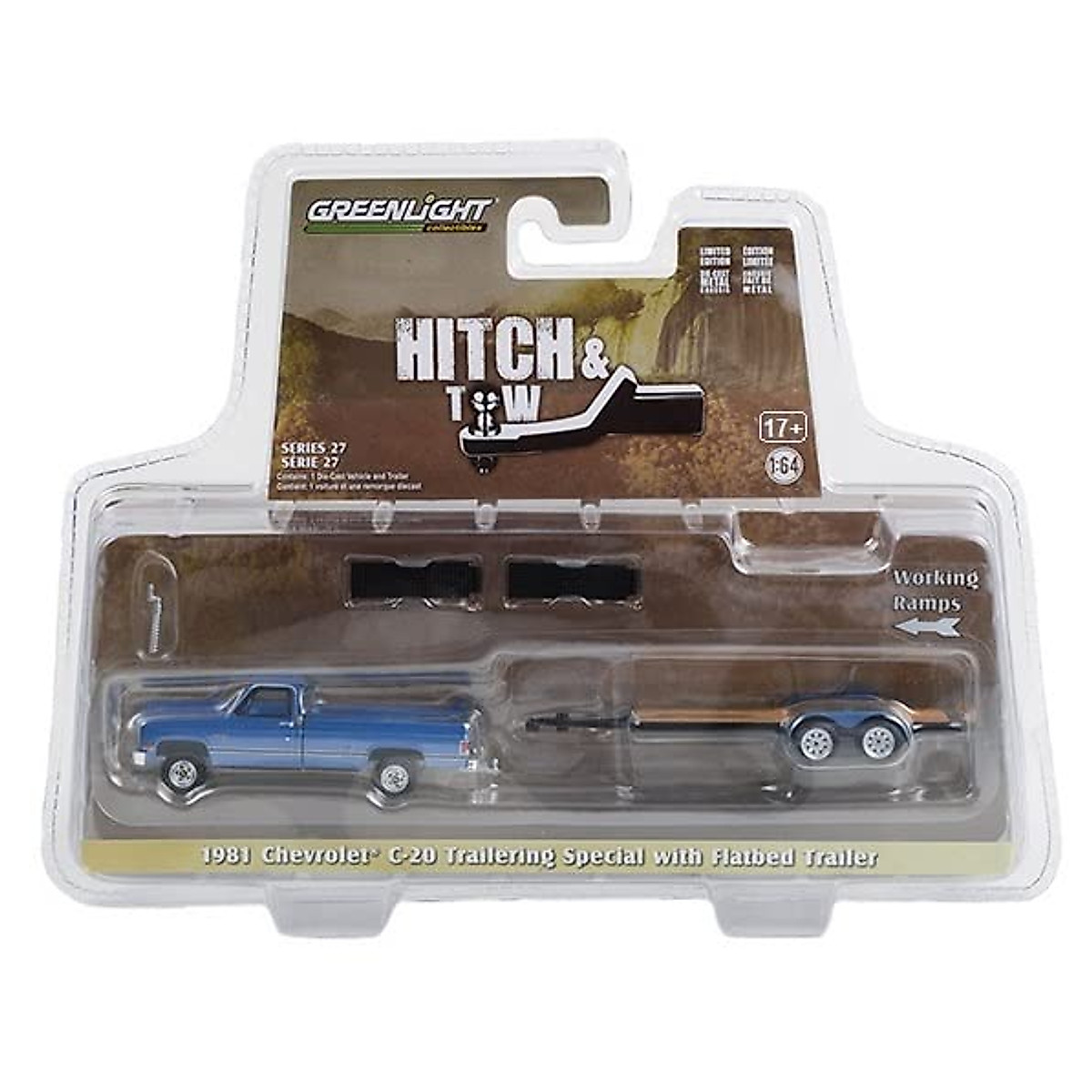 Greenlight 32270-B Hitch & Tow Series 27 - 1981 Chevy C-20 Trailering Special with Flatbed Trailer 1/64 Scale