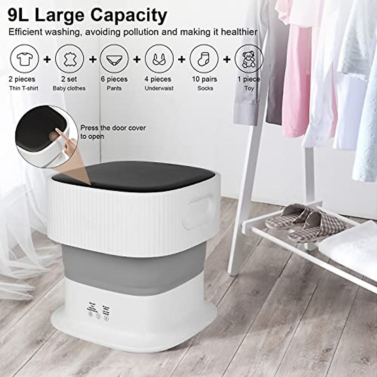 9L Portable Washing Machine, Folding Washing Machine Small Clothes Washer High Capacity Mini Washer for Apartments, Dormitories, Camping, Travel
